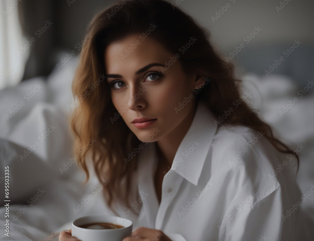 portrait of an attractive woman sitting on edge of bed in bedroom ...