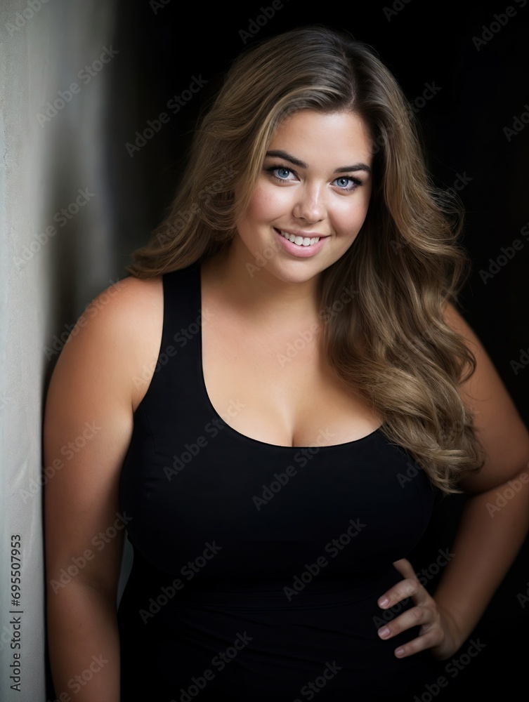 jeune femme de forte corpulence avec une poitrine généreuse en robe ...