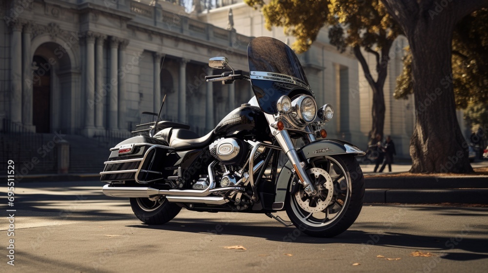 A police motorcycle parked in front of an iconic city landmark, the ...