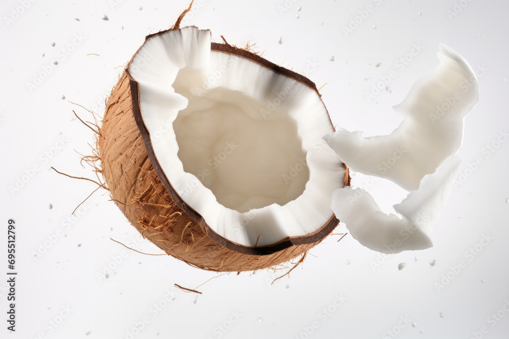 coconut on a white. Falling coconuts pieces isolated on white ...