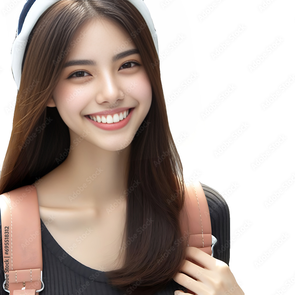 portrait of a woman, a girl with white background, a keep smile on her face, college girl smiles ...