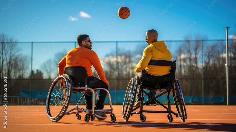 two guys in wheelchairs playing basketball on a basketball court ...