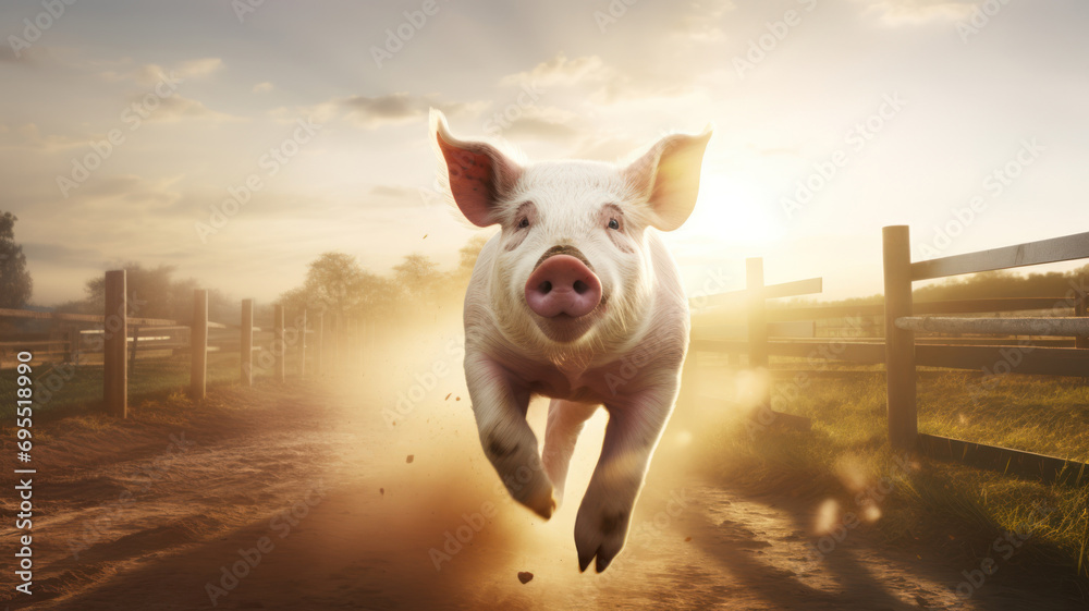 Pig runs on a farm in a pen, ray of sunshine, country farm ...