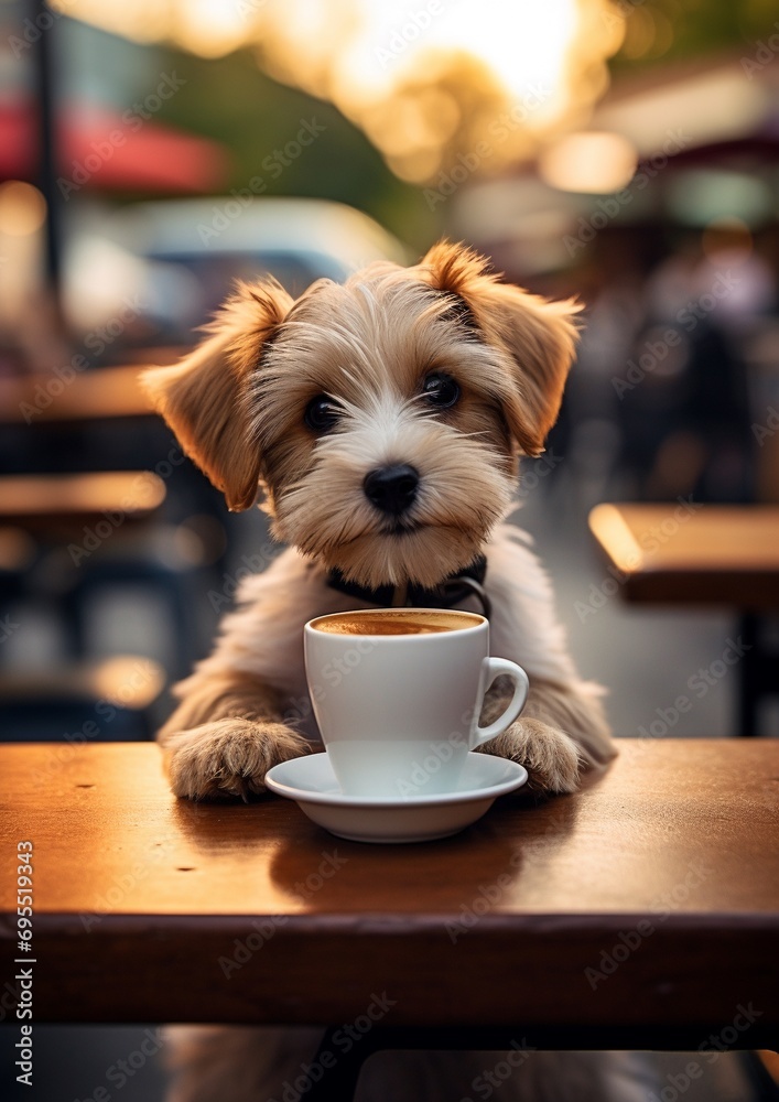 Cute smiling dog drinking its morning coffee outdoor at cafe reception ...