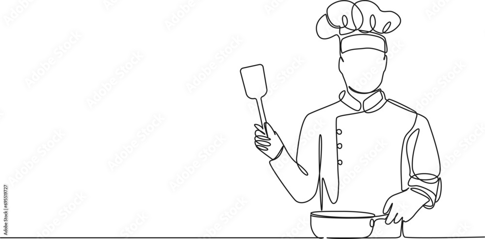 continuous single line drawing of chef with frying pan and spatula ...