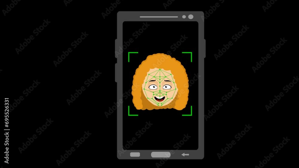 video animation smartphone device scanning woman head, facial ...