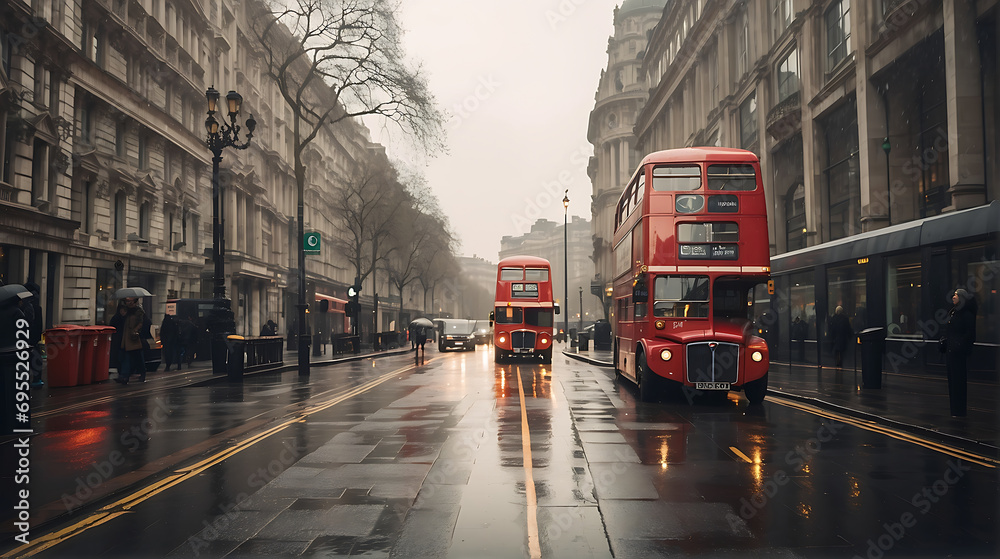 Red double decker bus on a rainy day in London, UK Stock Photo | Adobe ...