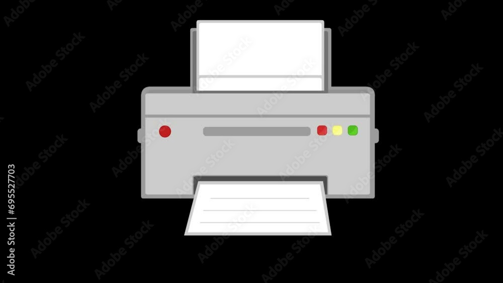 video animation of printer printing a sheet of paper, on a transparent ...
