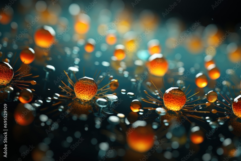 a group of orange balls floating on top of a blue surface with drops of ...