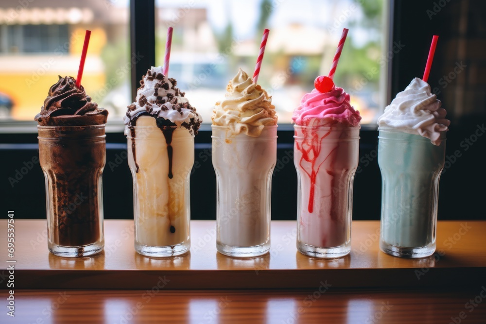 five different types of ice cream sundaes lined up in a row on a window ...