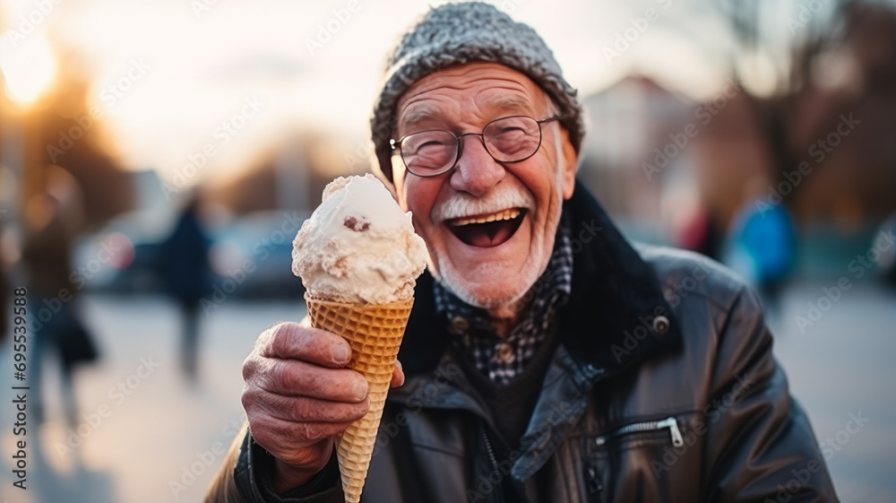 Foto de happy old man eating ice cream cone, outside at the park do ...