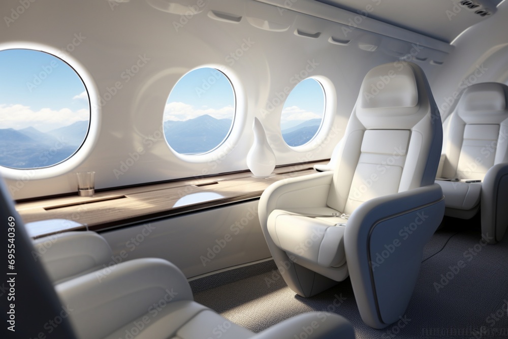 Minimalistic private jet design with white leather seats and panoramic ...