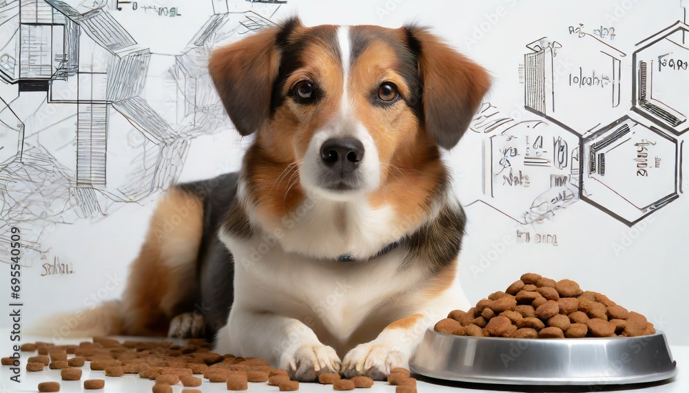 a dog lying next to the bowl with dog dry food on white background ...