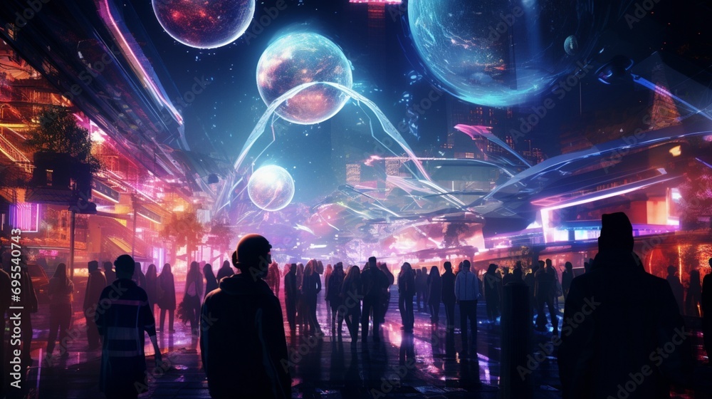The futuristic "Future Fest" featuring holographic displays, neon ...