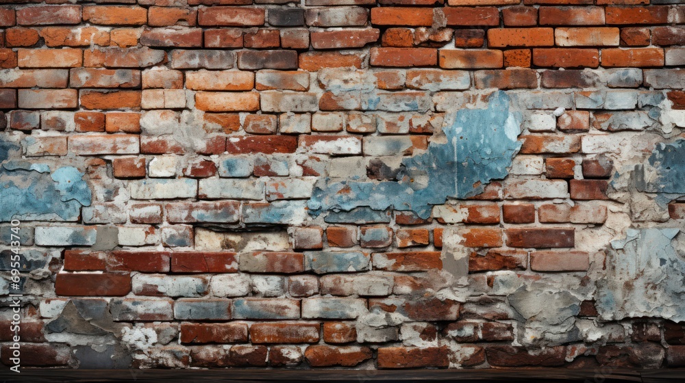 a close up of a brick wall with paint chipping off of the top and ...