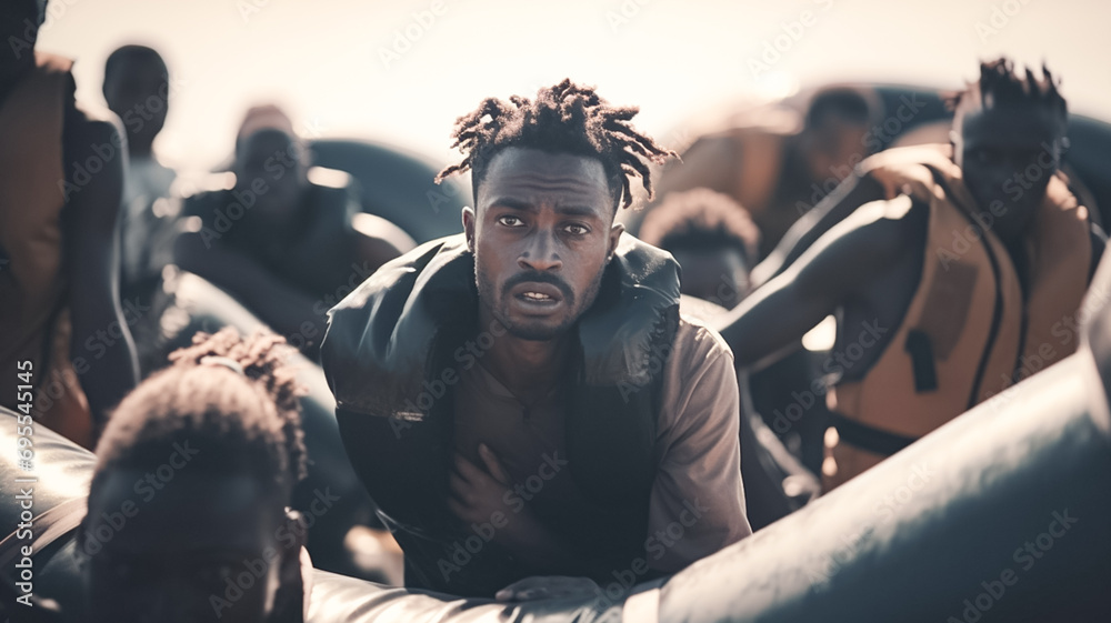 Migrants disembark in water from old ship. Refugees in boat crossing ...