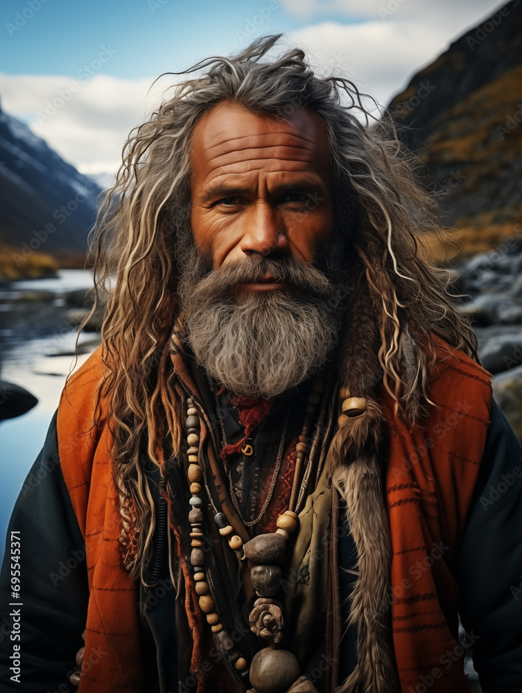 Altai shaman is a middle-aged man with clear facial features, dressed ...