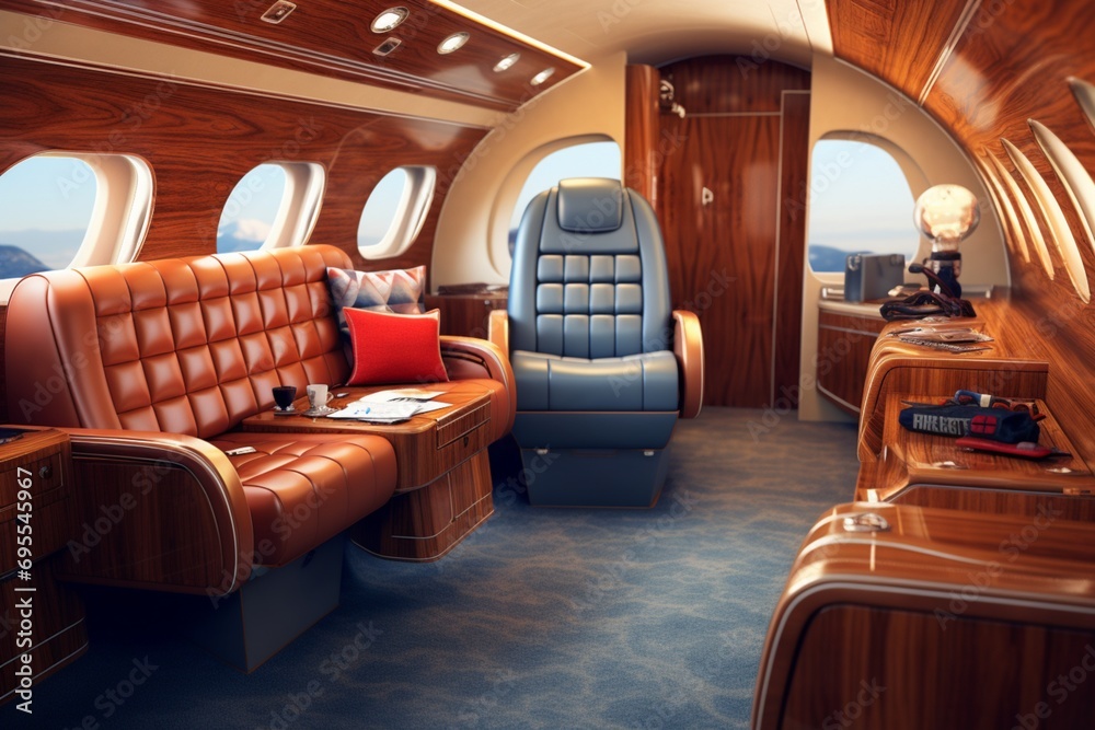 Vintage-inspired private jet interior with wood paneling and classic ...