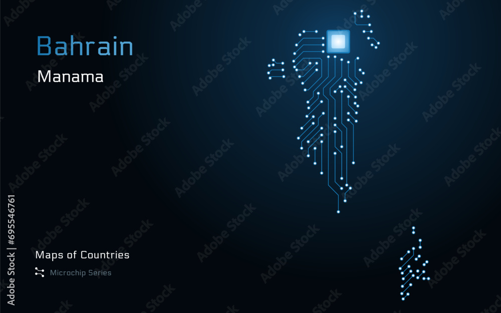 Bahrain Map with a capital of Manama Shown in a Microchip Pattern with ...