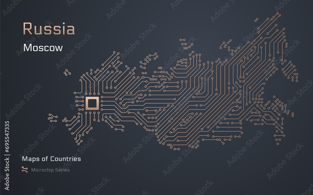 Russia Map with a capital of Moscow Shown in a Microchip Pattern with ...