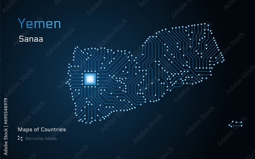 Yemen Map with a capital of Sanaa Shown in a Microchip Pattern with ...
