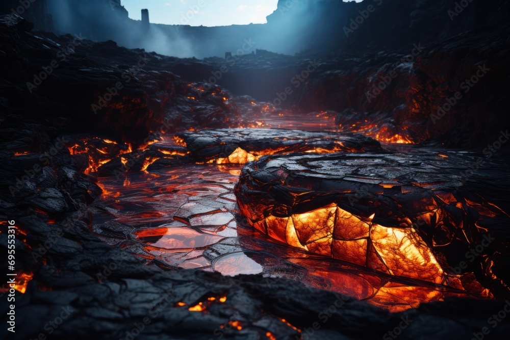 a fire pit in the middle of a rocky area with a bright light coming ...