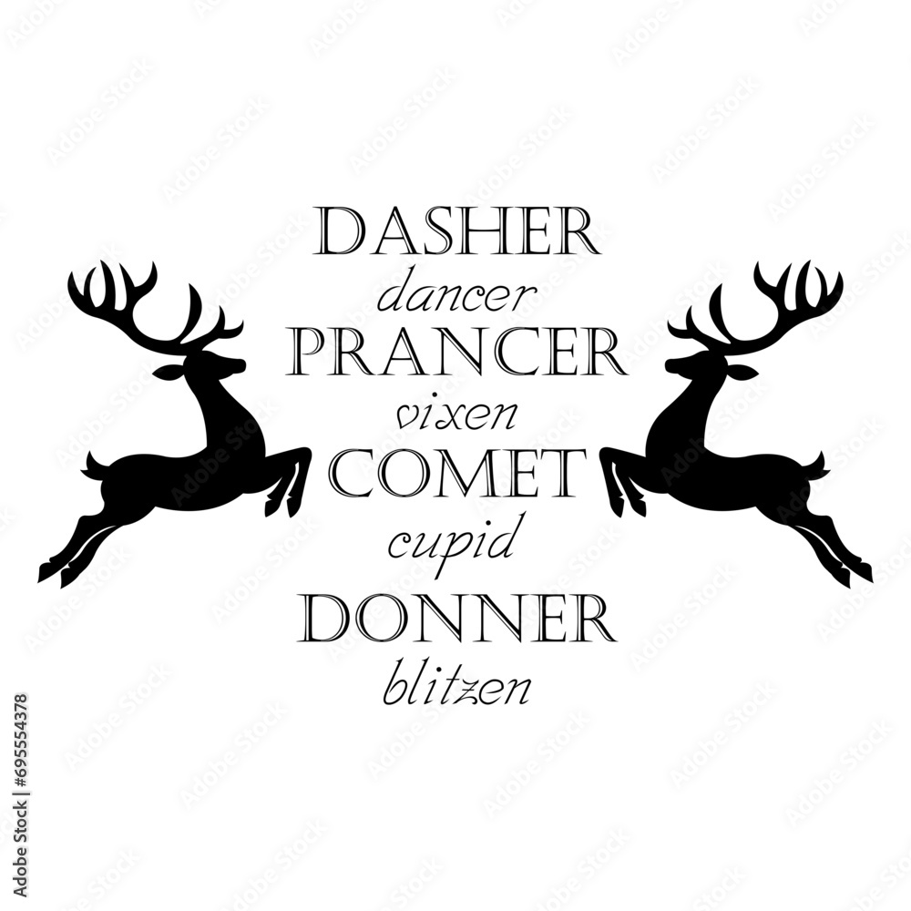 Merry Christmas,reindeer silhouette ,dasher dancer prancer vixen comet ...
