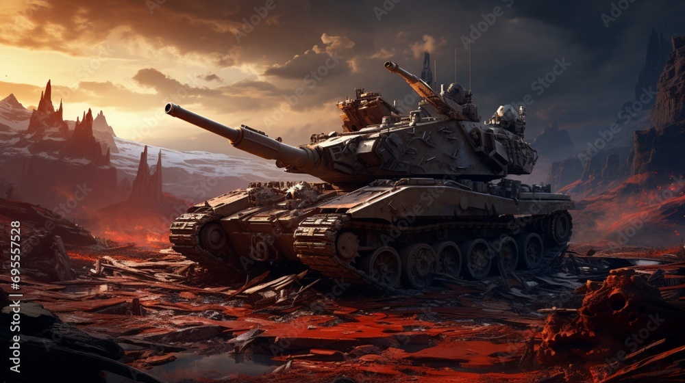 Amidst the wreckage of battle, a single, undamaged tank stands as a ...