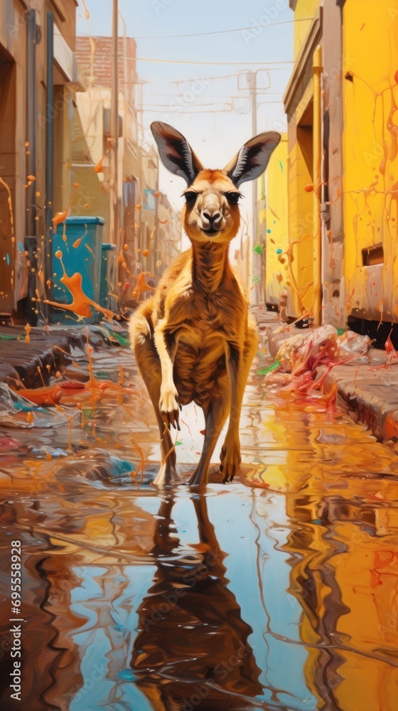 a painting of a kangaroo standing on its hind legs in a puddle of water ...