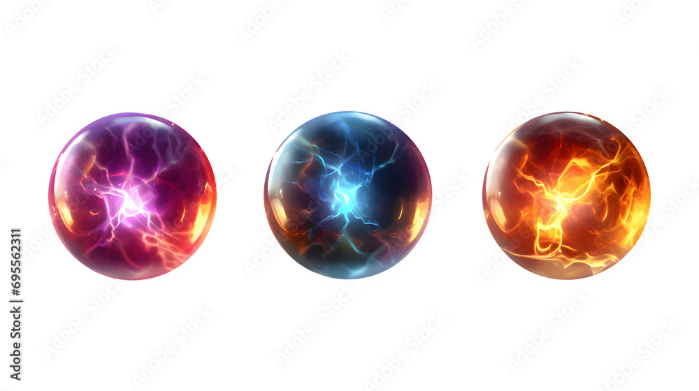 Lightning spheres emit a mystical spark and glow. A vibrant cartoon set ...