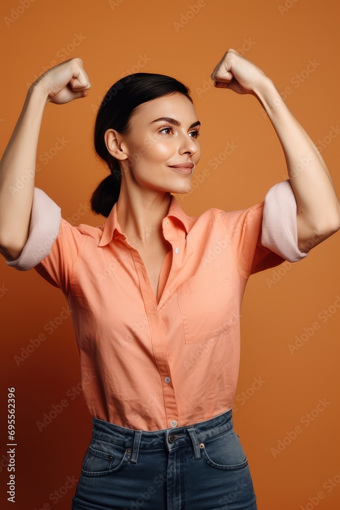 strong woman with fist up demonstrates power. confident lady ...