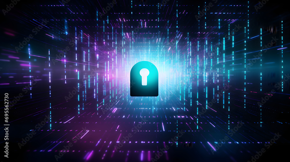 Neon lock symbol intertwined with complex encryption patterns, showcasing the secure protection ...