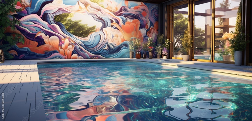 A contemporary backyard setting with a pool surrounded by a digital art ...