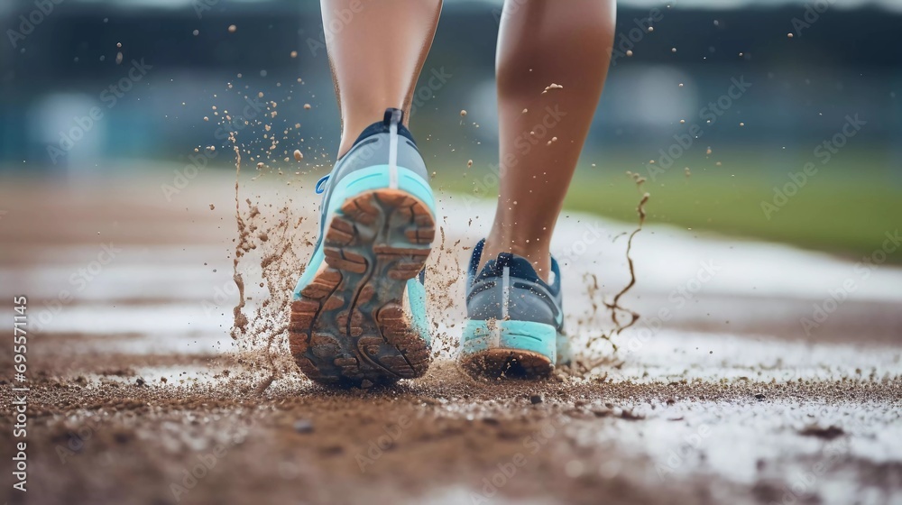 The back view of a woman's feet in sports shoes jogging on the field ...