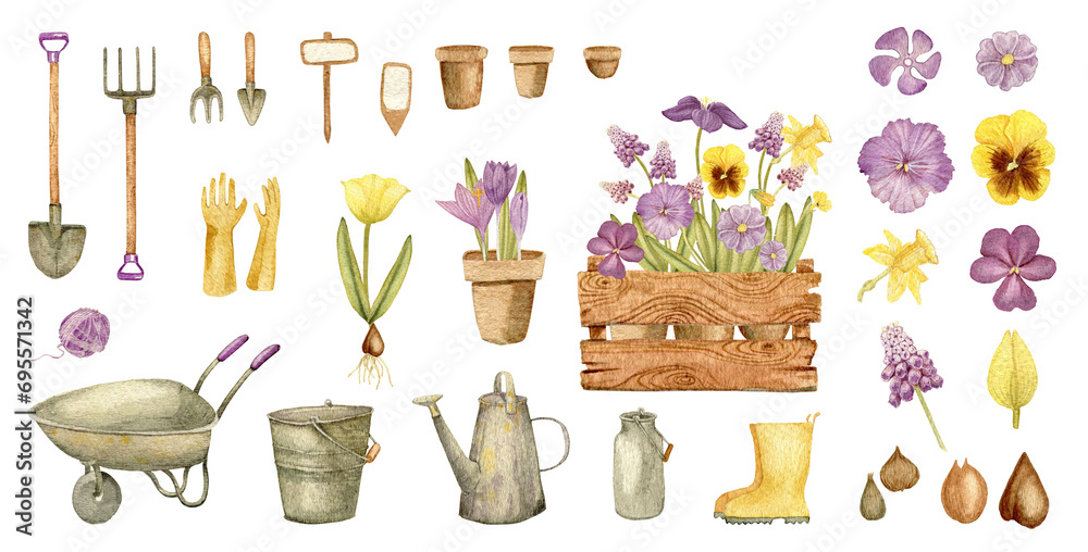 Set of spring flowers and garden tools isolated on white background ...