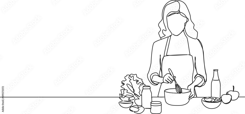 Continuous Single Line Drawing Of Woman Preparing Food In Kitchen Line Art Vector Illustration