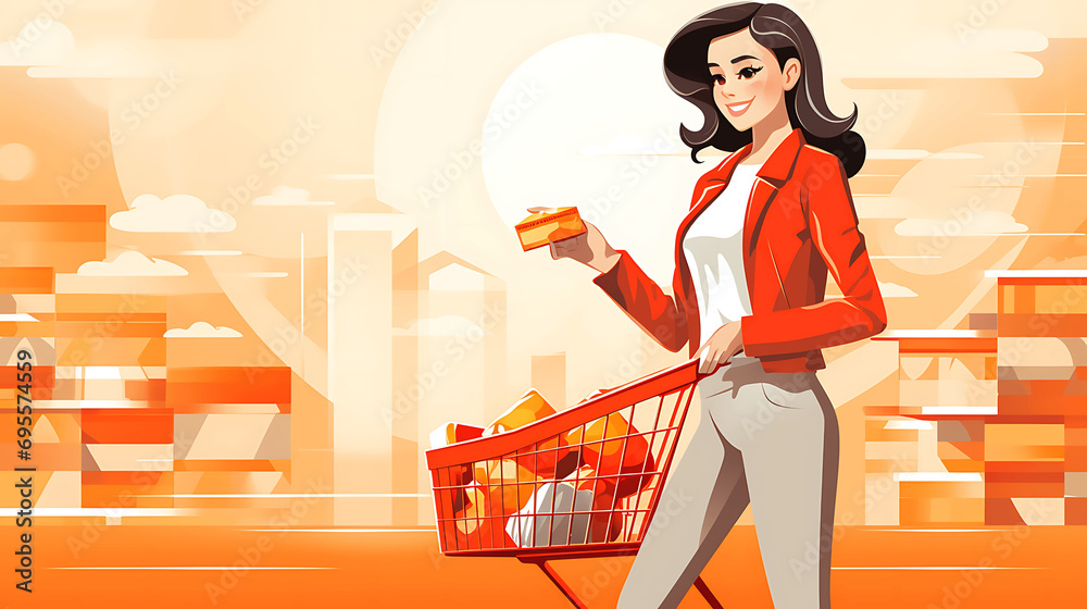 Ilustración de una mujer comprando fruta y verduras en un supermercado ...