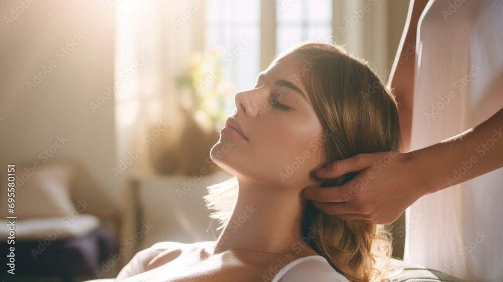 Relaxing Access Bars Therapy Session with Sunlight. A woman enjoys a ...