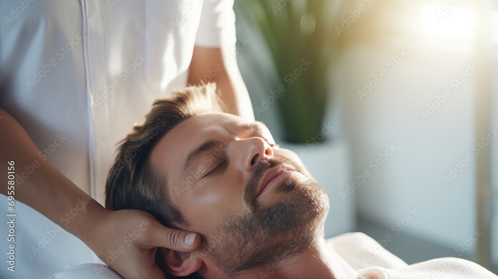 Relaxing Access Bars Therapy Session with Sunlight. A man enjoys a ...