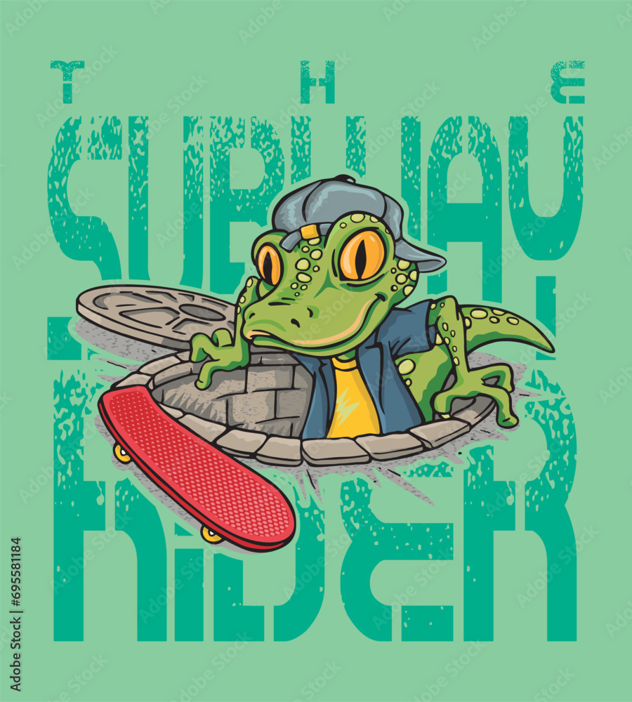 Hand-drawn vector illustration of a skateboarding lizard coming out of ...