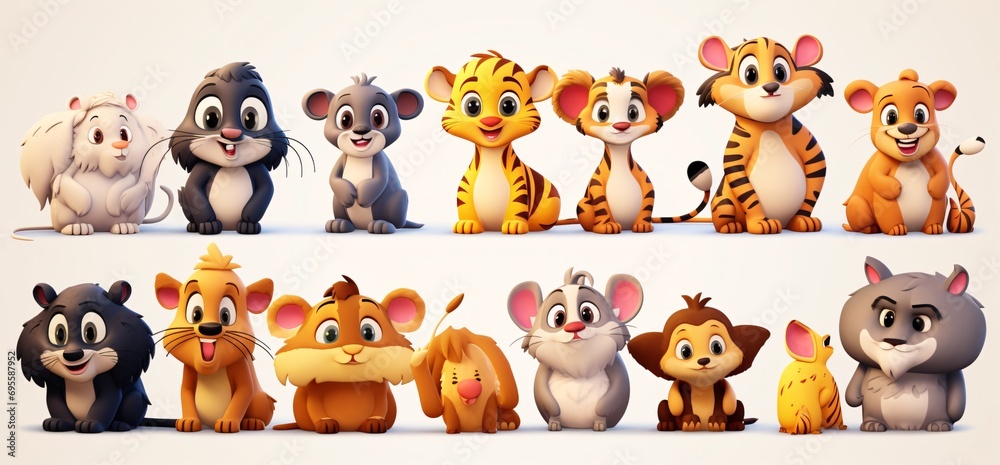 A collection of cartoon animal characters, including a lion, a tiger, a ...