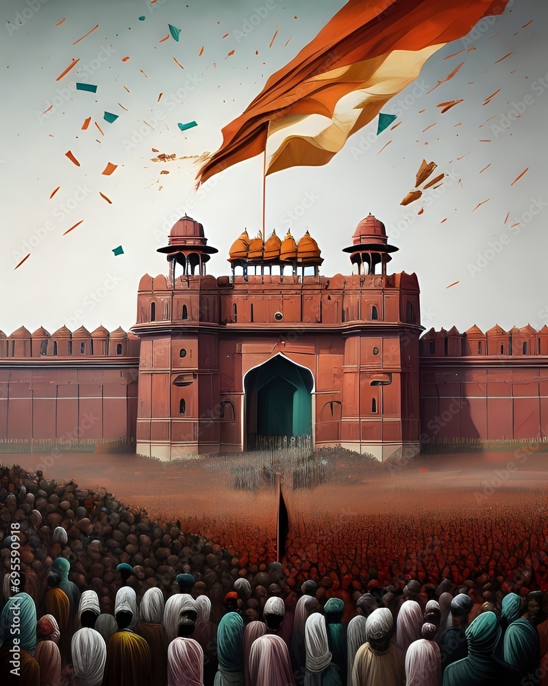 Watercolor painting of Historic Freedom Struggle Crowd in front of Red ...