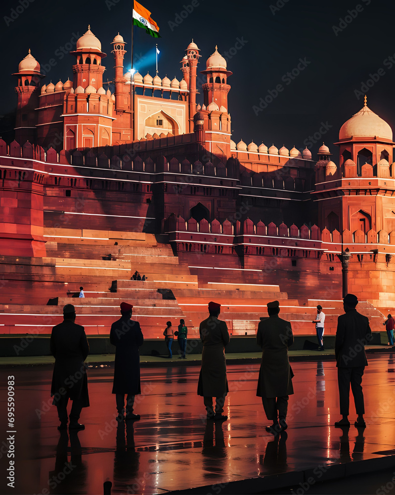 Watercolor painting of Historical Indian monument with tricolor flag of ...