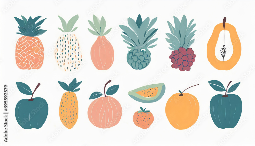Fruit Clipart collection in flat hand drawn style, illustrations set ...