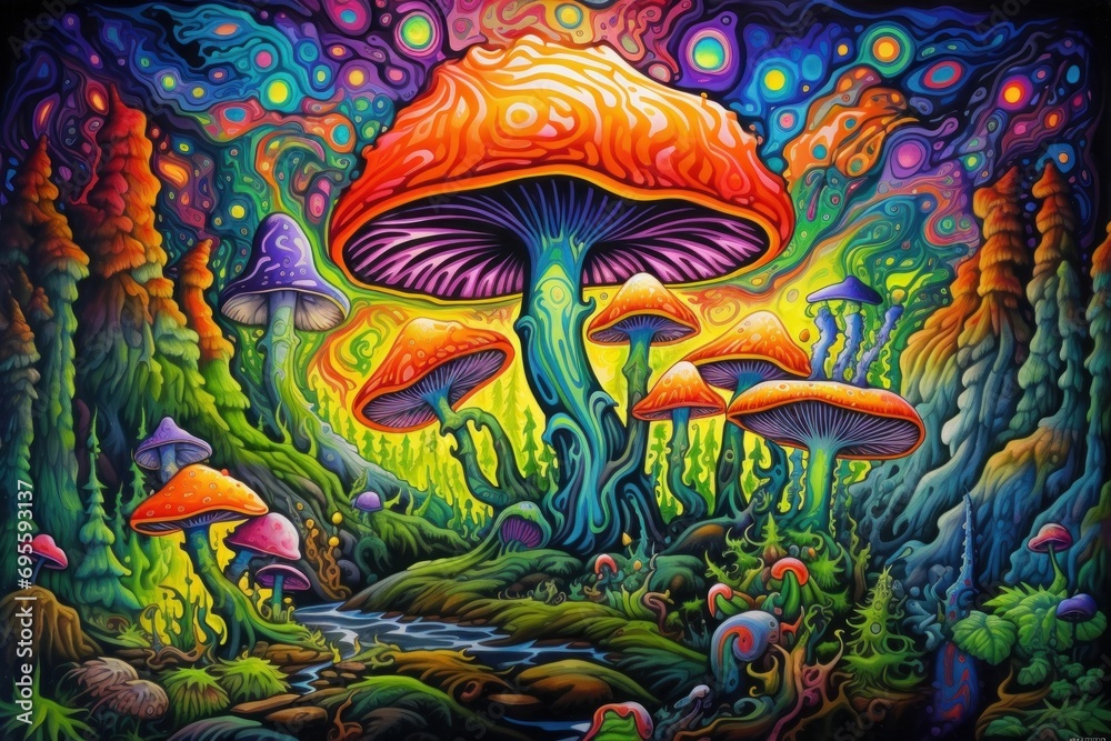 Psychedelic colorful mushrooms. Trippy background in acid colors ...