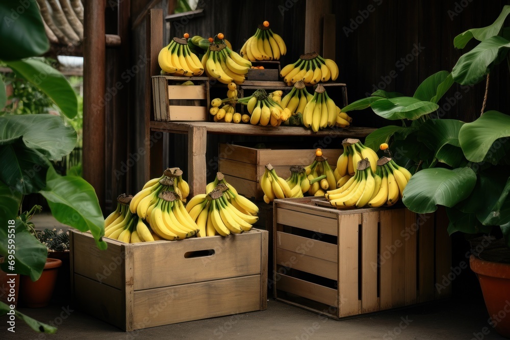 a bunch of bananas sitting in a wooden crate next to a potted plant and ...