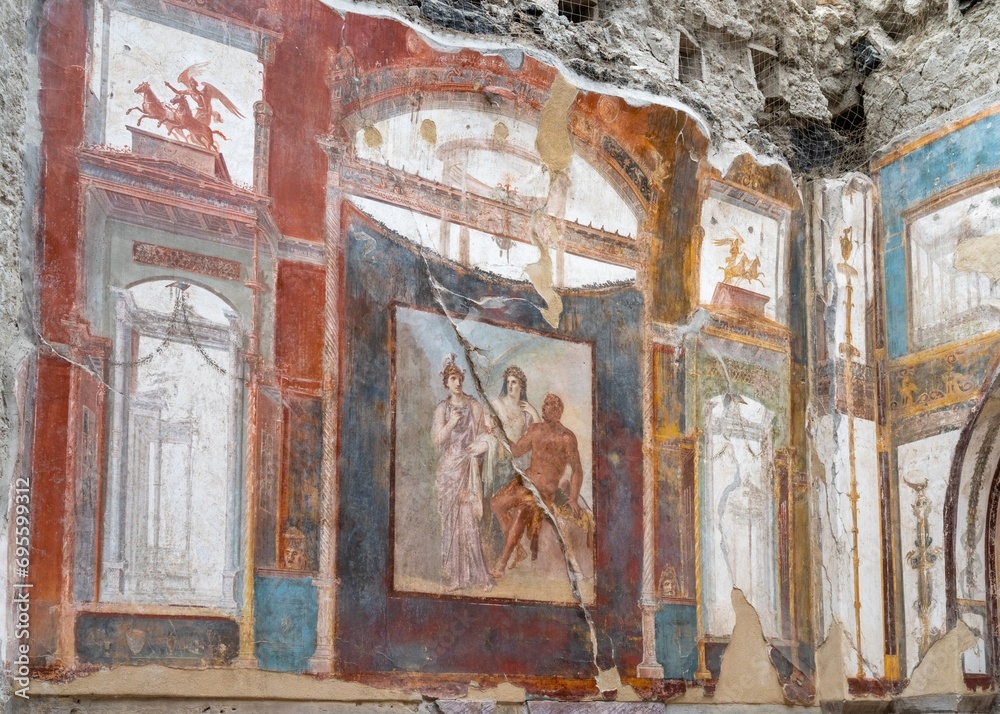 fresco wall mural in detail in the ancient Roman city of Herculaneum ...