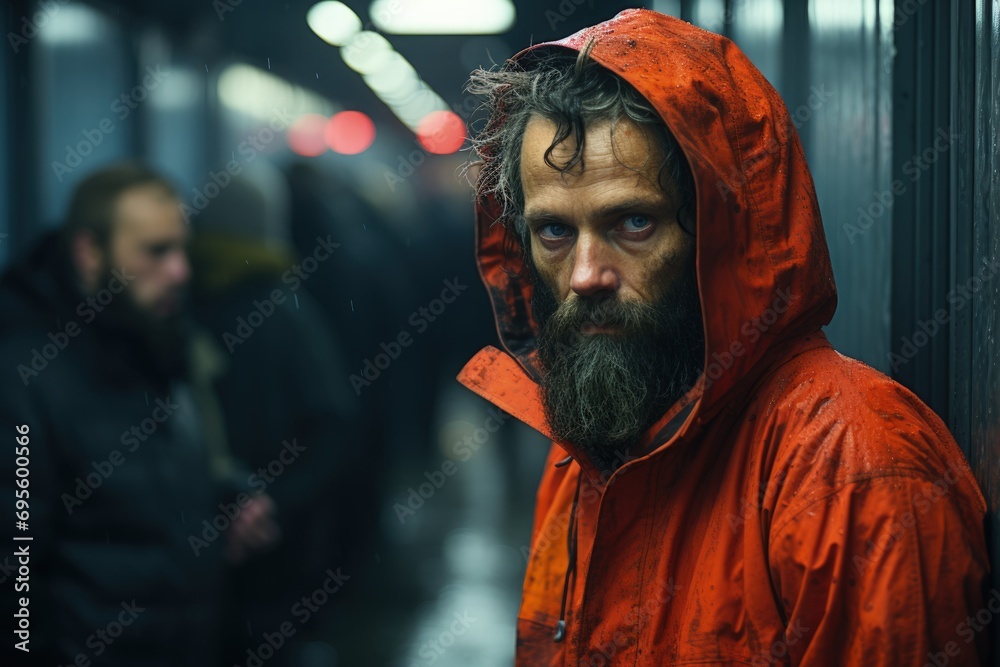 Homeless Man in Red Raincoat: A disheveled man with a beard, wearing a ...