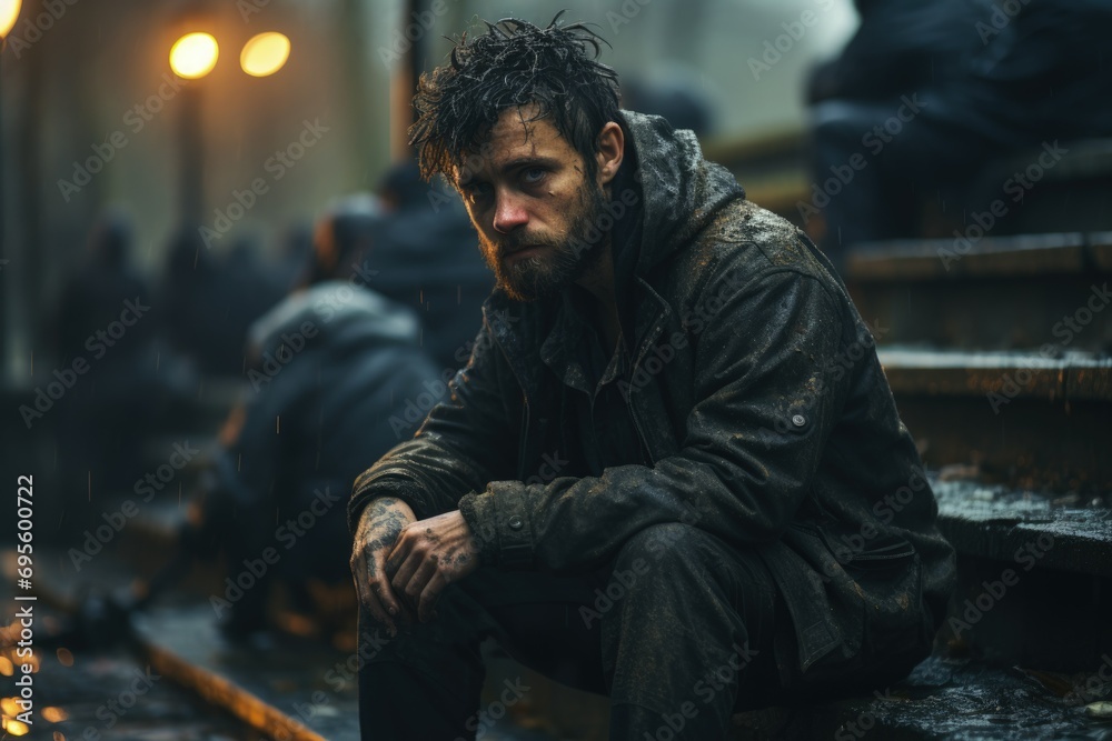 Desolate Man on Rainy Steps: A disheveled man sitting on wet steps in a ...