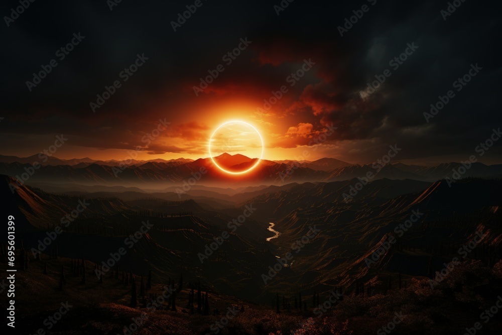 Solar eclipse over mountains, dramatic clouds, signifies awe, cosmic ...